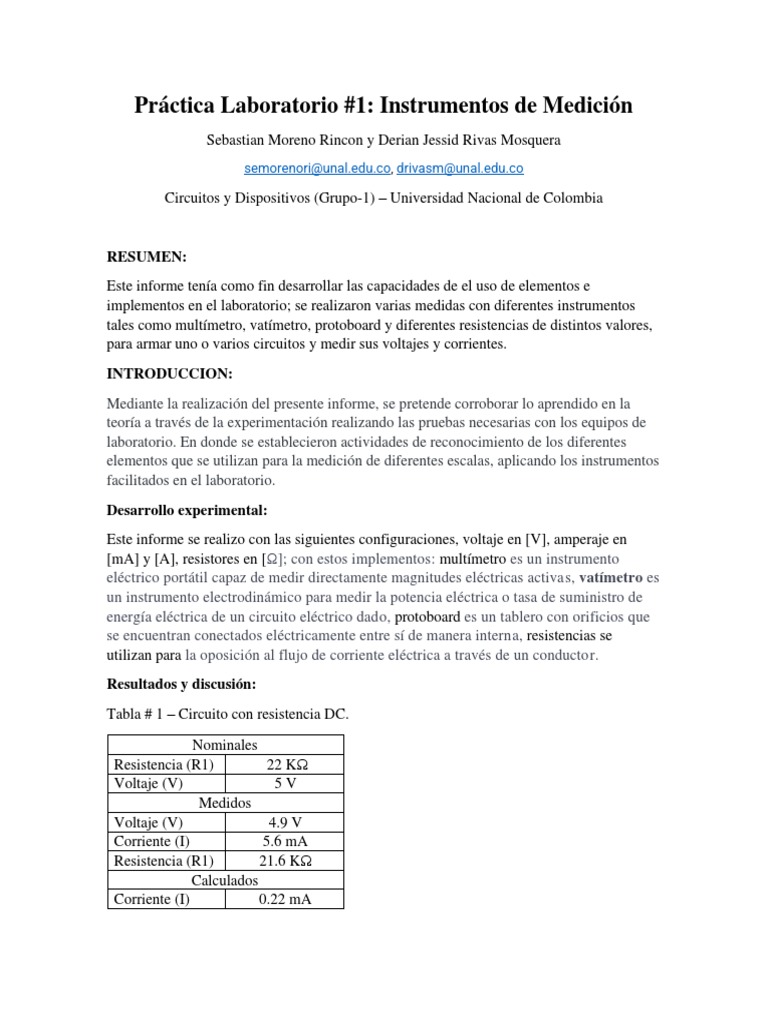Práctica Laboratorio #1_Instrumentos de Medición.pdf | PDF | Corriente eléctrica | Medición