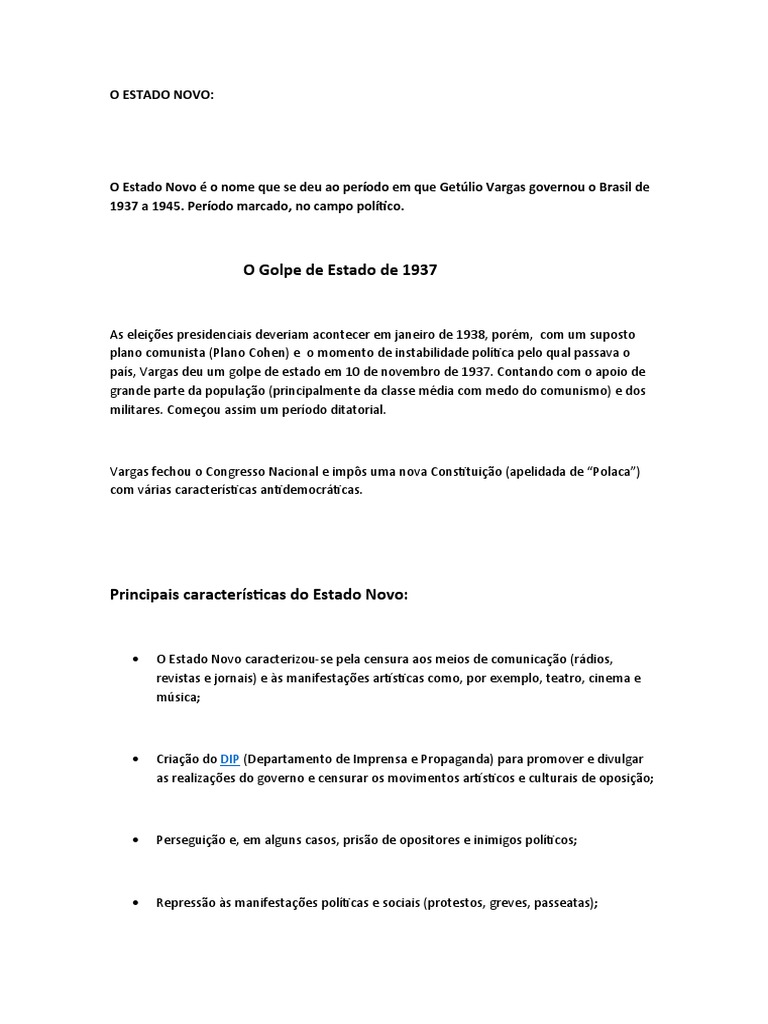 O ESTADO NOVO (RESUMO) | PDF