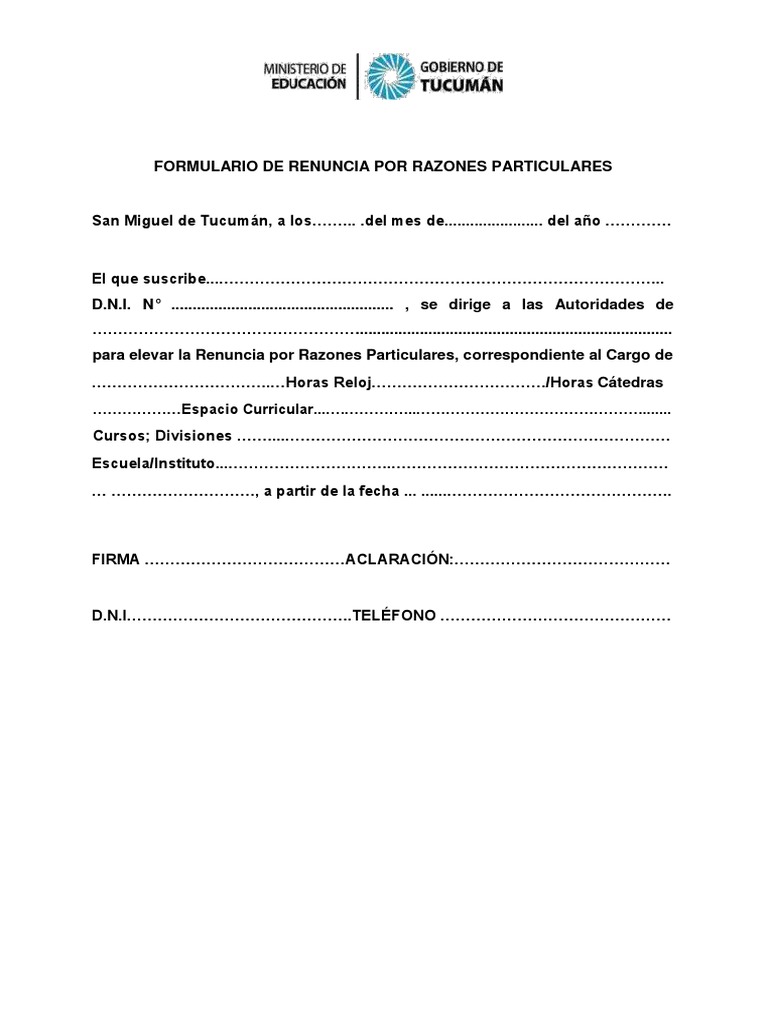 3-Formulario Renuncia Por Razones Particulares PDF | PDF