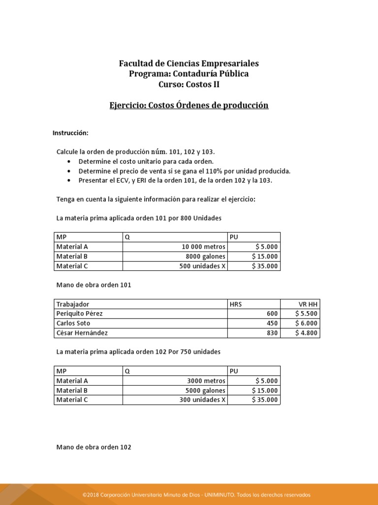 Ejercicio Costos Órdenes de Producción | PDF