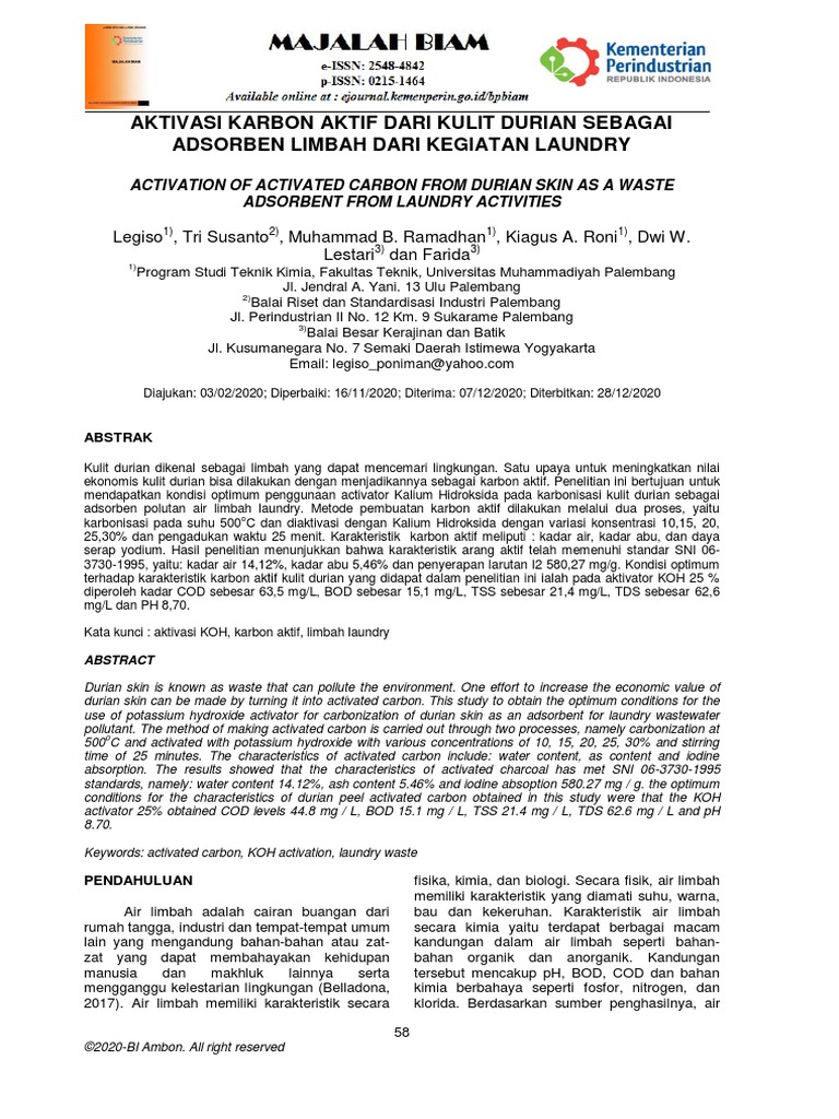 Aktivasi Karbon Aktif Dari Kulit Durian Sebagai PDF | PDF
