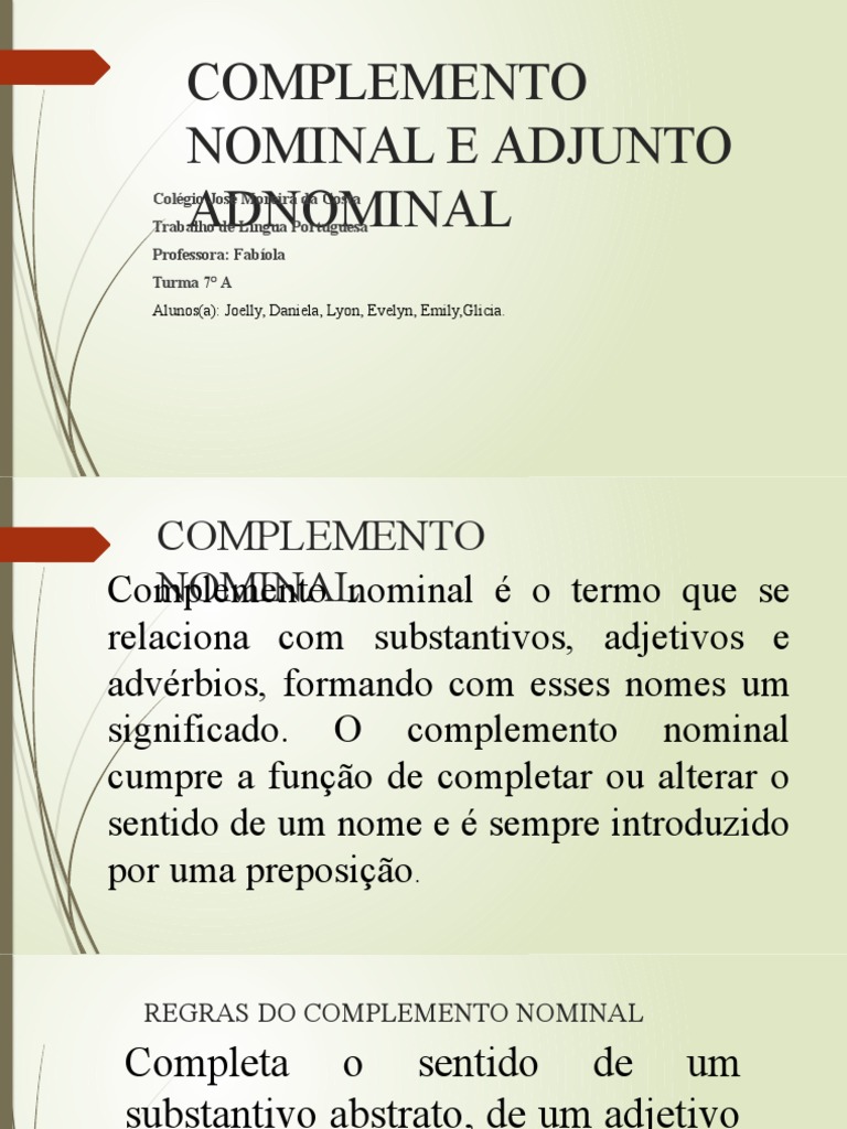 Apresentação Complemento Nominal e Adjunto Nominal | PDF