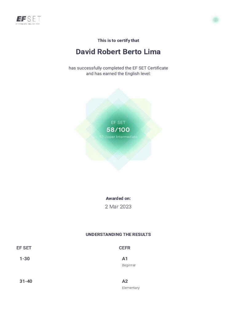 The Official EF SET Certificate™ - David Robert Berto Lima PDF | PDF