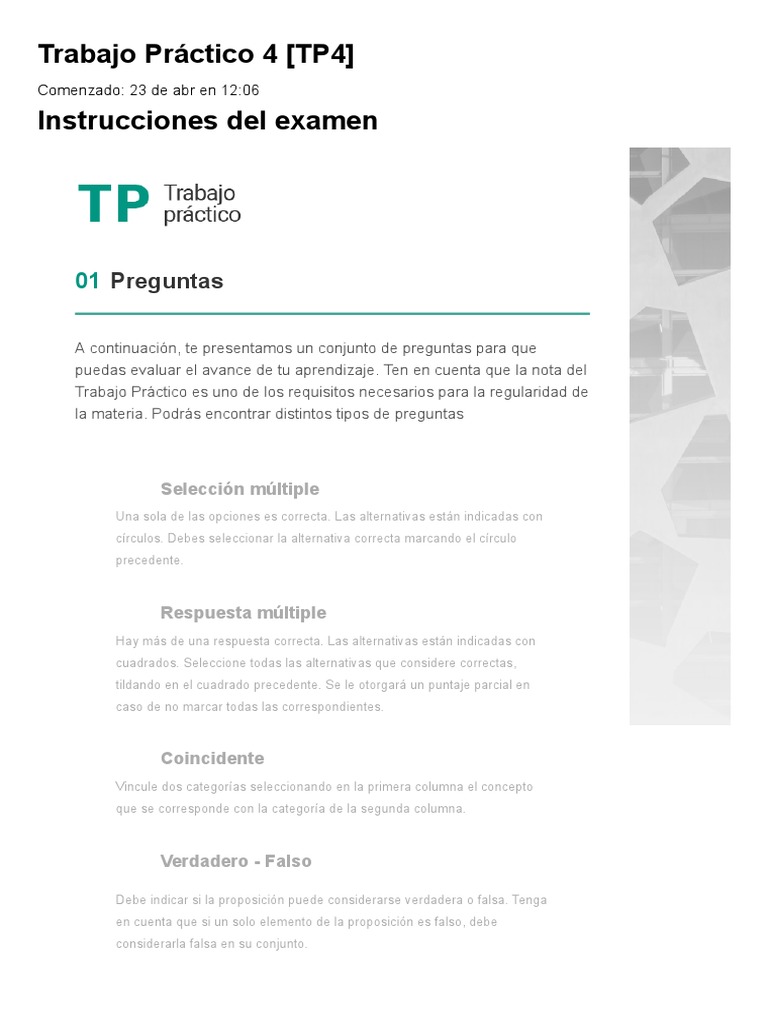 4 Examen - Trabajo Práctico 4 (TP4) 81,67% | PDF