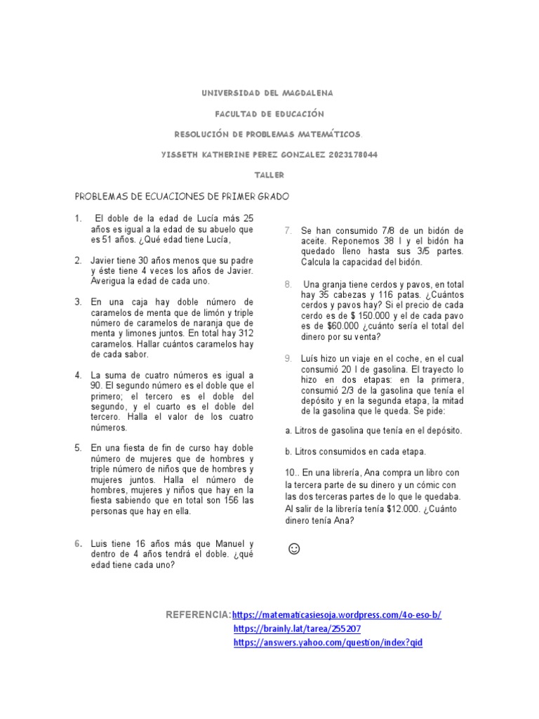 Taller de Ecuaciones de Primer Grado - Rdpm-Lext | PDF