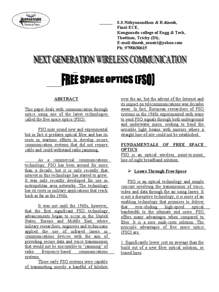 Next Generation Wireless Communication - Free Space Optics (FSO) | PDF | Microwave | Optical Fiber
