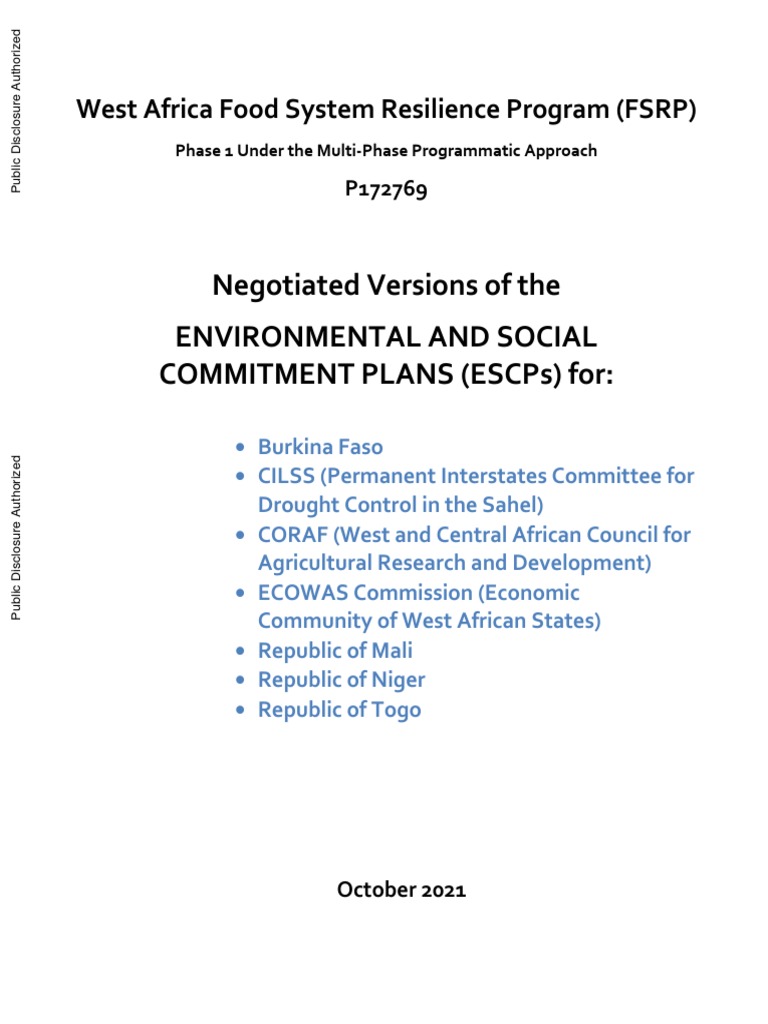 Environmental and Social Commitment Plan ESCP West Africa Food System Resilience Program FSRP ...