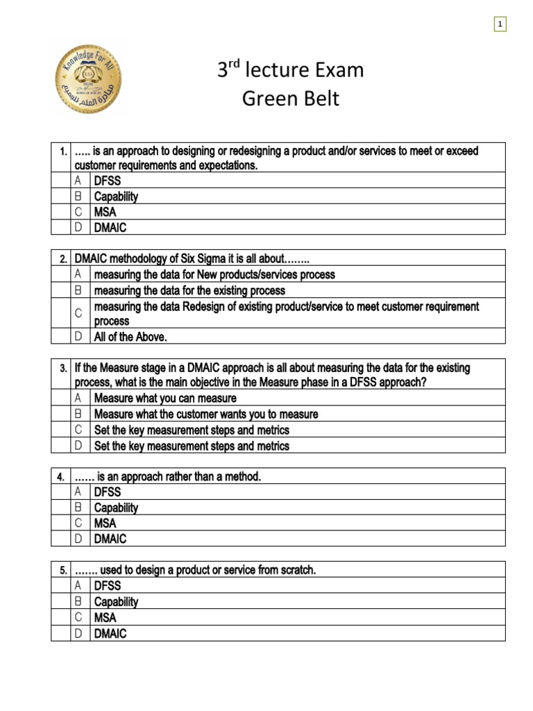 Green Belt Exam Questions | PDF | Six Sigma | Design For Six Sigma