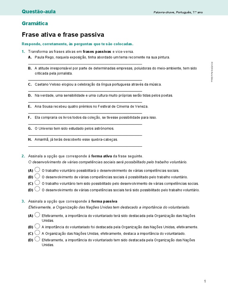 Frases Ativas e Passivas: Exercícios de Gramática | PDF