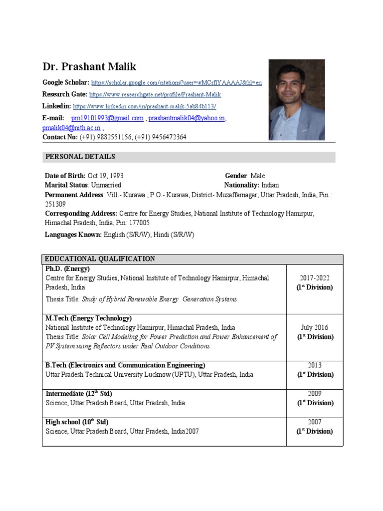 # Dr. Prashant Malik CV (APR-2022) | PDF | Solar Power | Photovoltaics