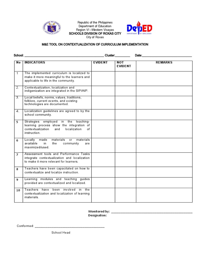 M&E Tool for Curriculum Contextualization | PDF | Learning | Teachers
