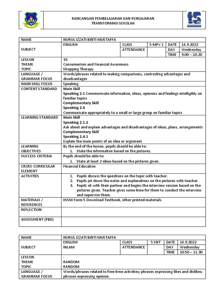 RPH English 14.9.2022 Wednesday | PDF | Teachers | English Language