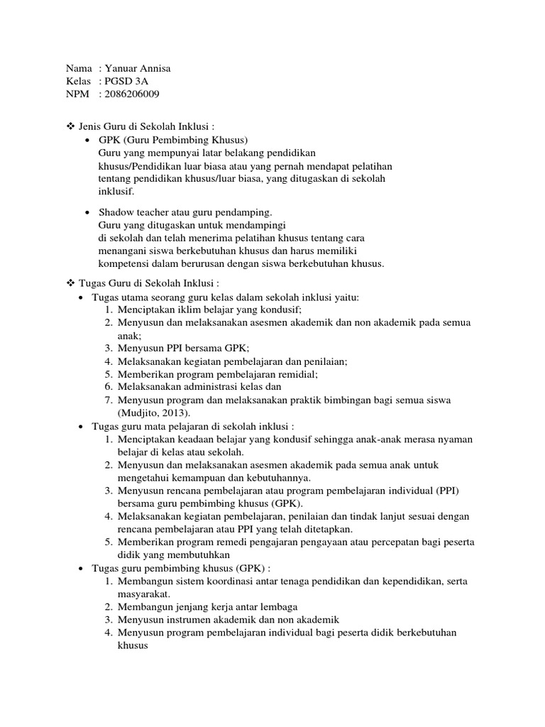 Resume Jenis Dan Tugas Guru Di Sekolah Inklusi - YANUAR ANNISA | PDF
