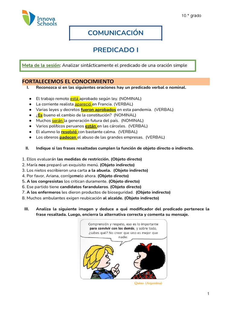 El Predicado I - Solucionario Ficha Estudiante PDF | PDF | Objeto ...