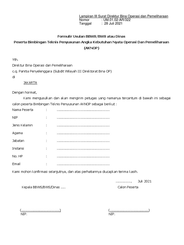 Usulan Peserta Bimtek AKNOP | PDF