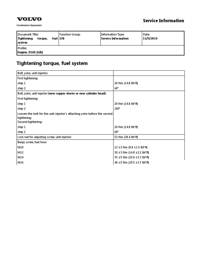 Engine Tightening Torque Fuel System | PDF