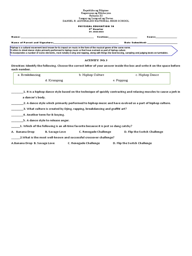 Hiphop Dance Styles Activity Guide | PDF | Hip Hop Music | Entertainment
