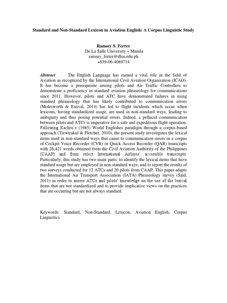 Standard and Non Standard Lexicon in Aviation English | PDF