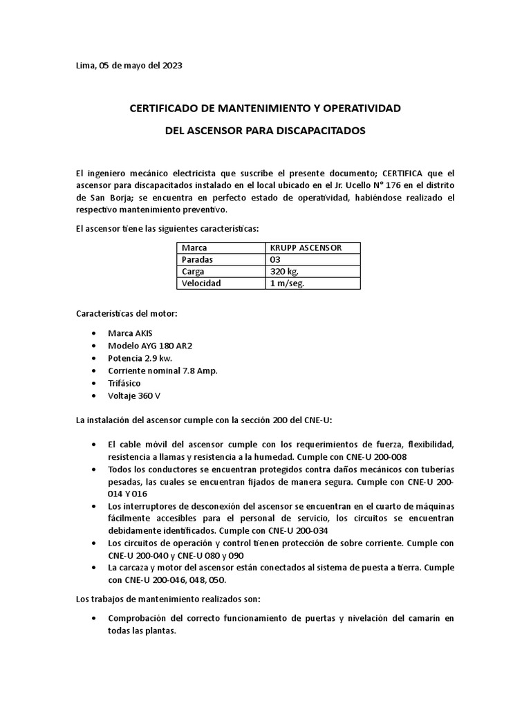 Certificado Ascensor Discapacitados | PDF