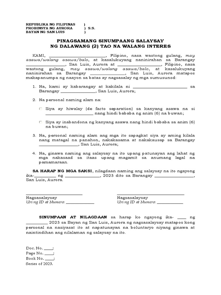 PINAGSAMANG SINUMPAANG SALAYSAY NG DALAWANG (2) TAO NA WALANG INTERES ...