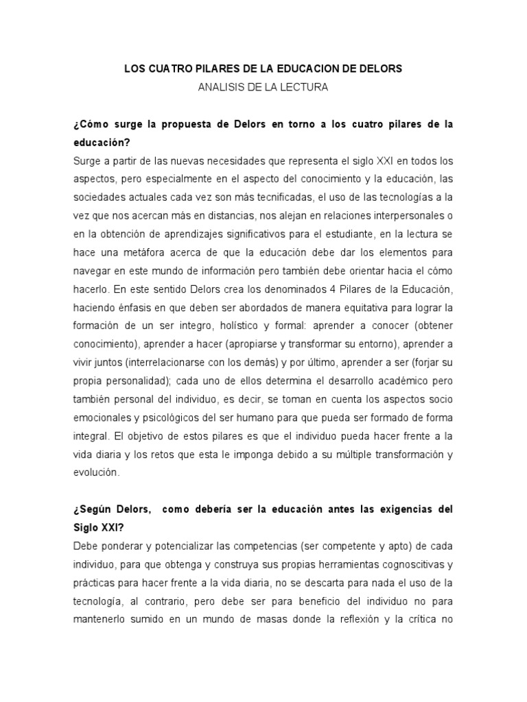 Cuatro Pilares de la Educación de Delors | PDF | Aprendizaje | Sicología