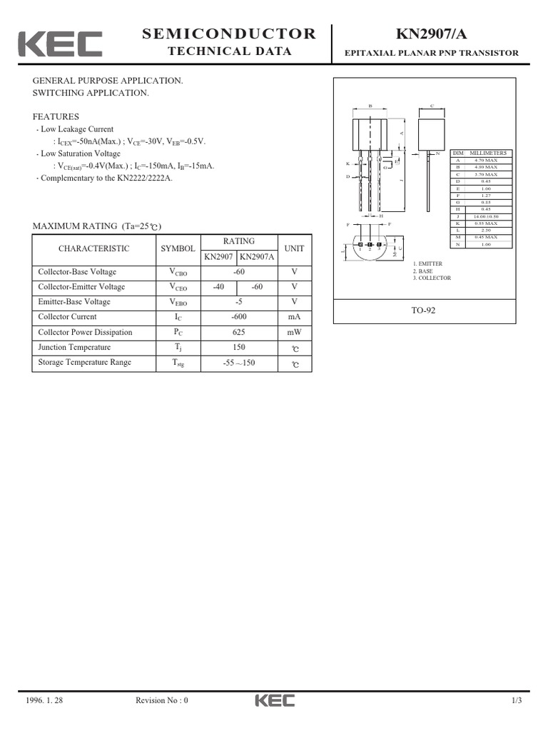 KN2907A PNP Transistor Datasheet | PDF