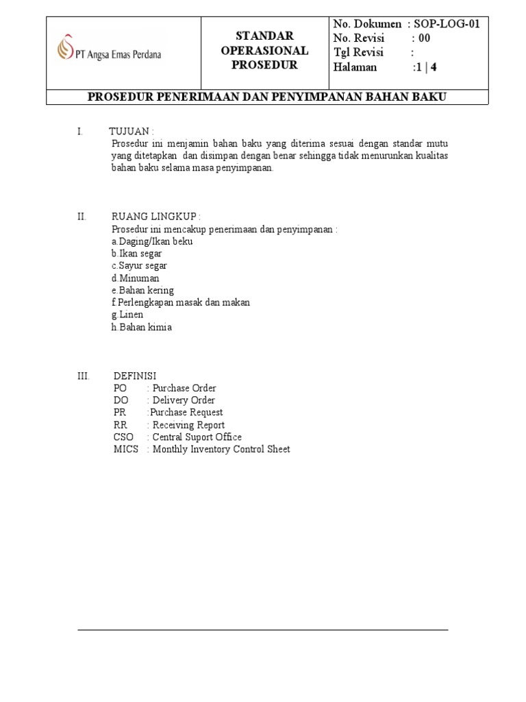 SOP-LOG-01 Penerimaan Dan Penyimpanan Bahan Baku | PDF