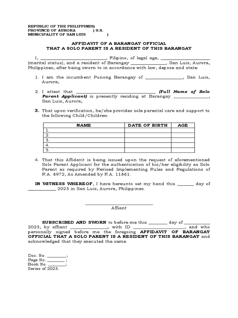 Barangay Affidavit for Solo Parent | PDF