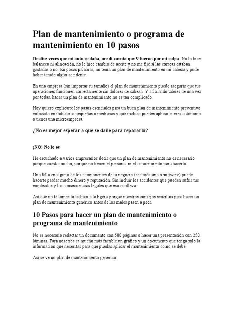 Plan de Mantenimiento o Programa de Mantenimiento en 10 Pasos | PDF