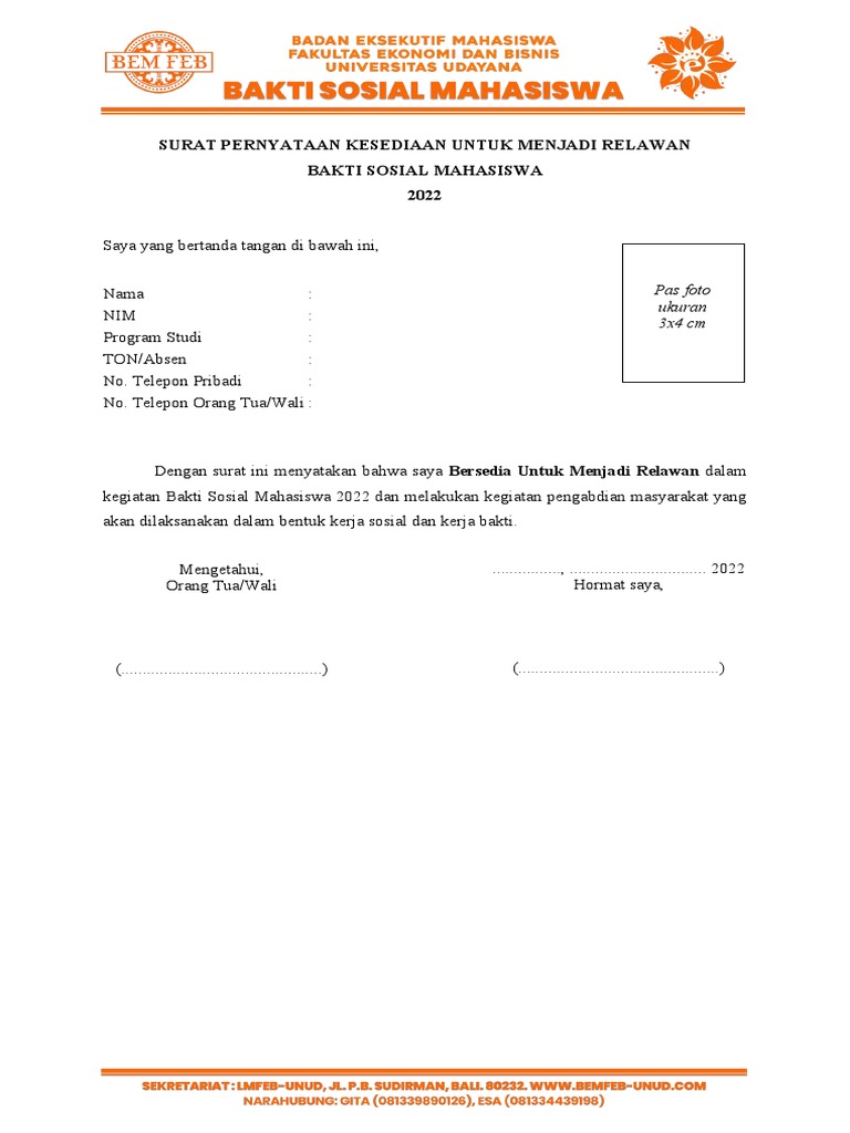 Surat Kesediaan Menjadi Relawan 2022 | PDF