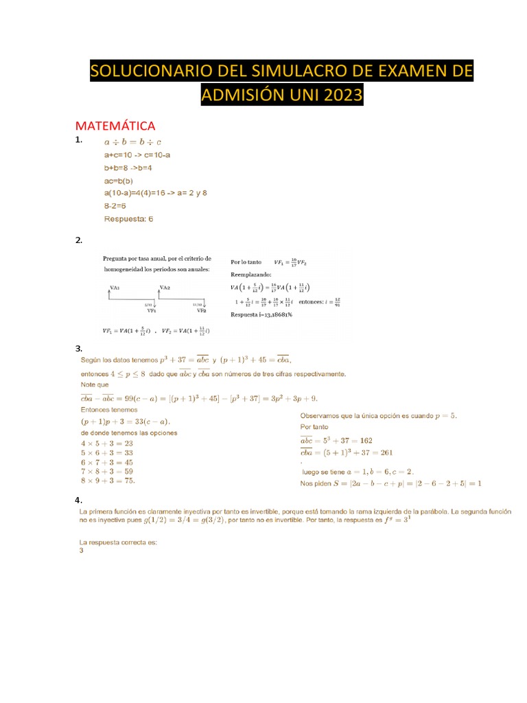 Solucionario Simulacro Examen UNI 2023 | PDF