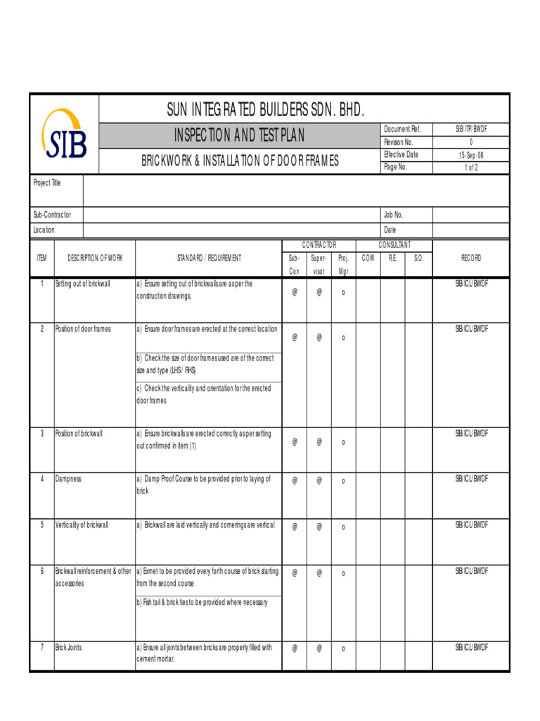 ITP-BWDF (Rev 0) - Brickwork & Door Frames | PDF | Real Estate | Building