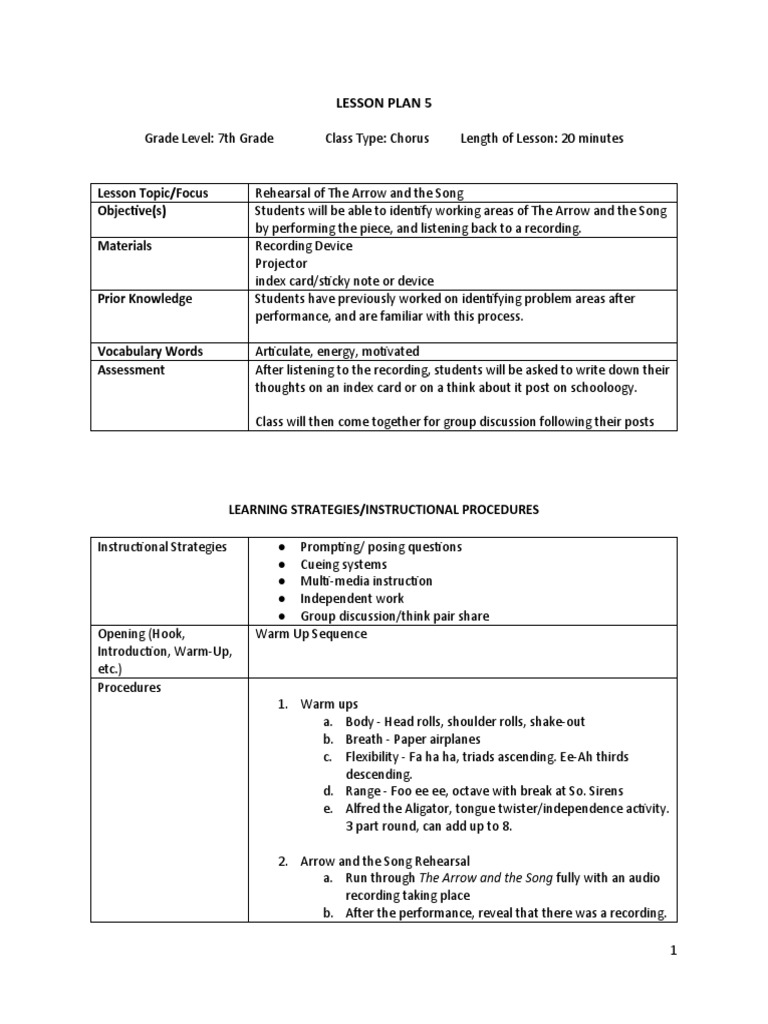 7th Grade Chorus: Arrow and Song Lesson | PDF
