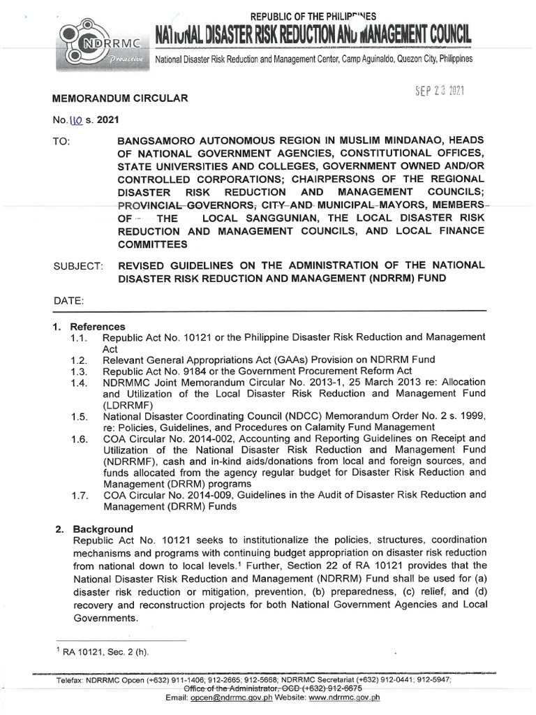 NDRRMC Memorandum No 110 Revised NDRRMF Guidelines S 2021 | PDF