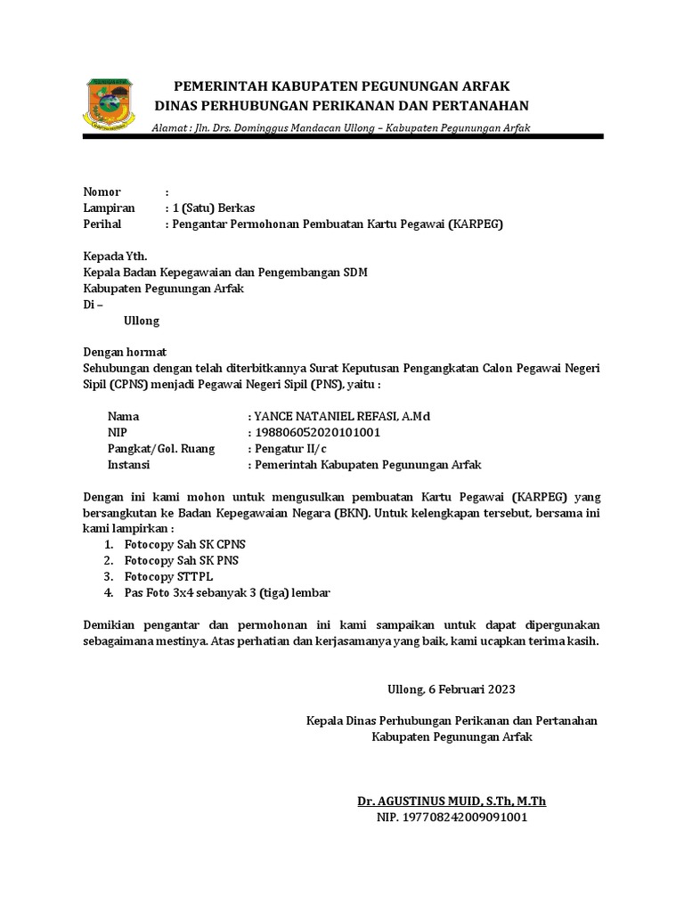 Surat Pengantar Pembuatan Karpeg | PDF