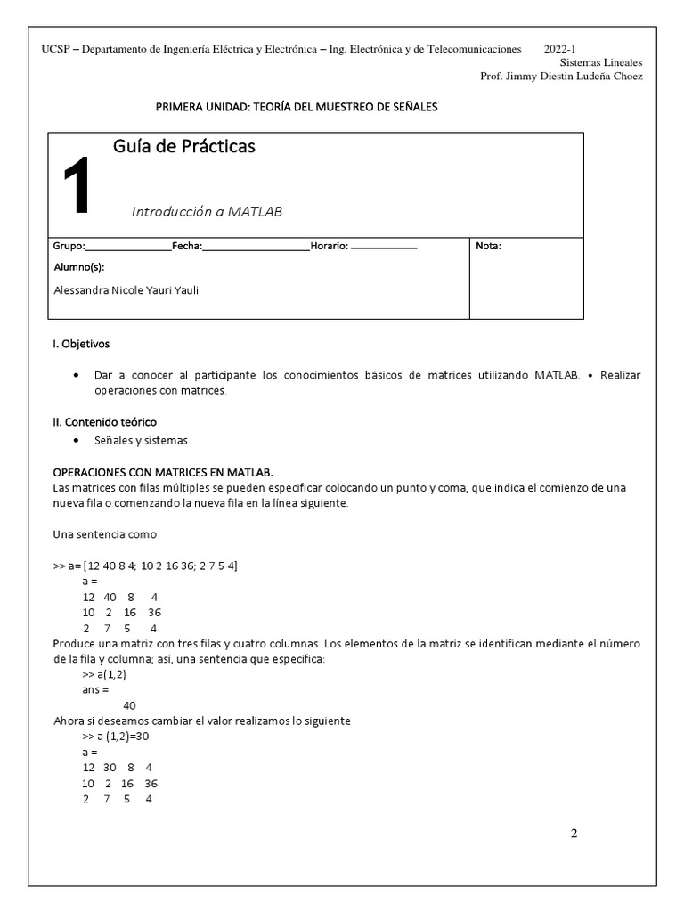 Practica 1 Introduccion Matlab | PDF