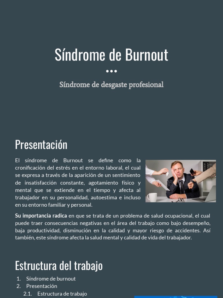 Presentación Síndrome de Burnout PDF | PDF | Burnout ocupacional | Estrés (biología)
