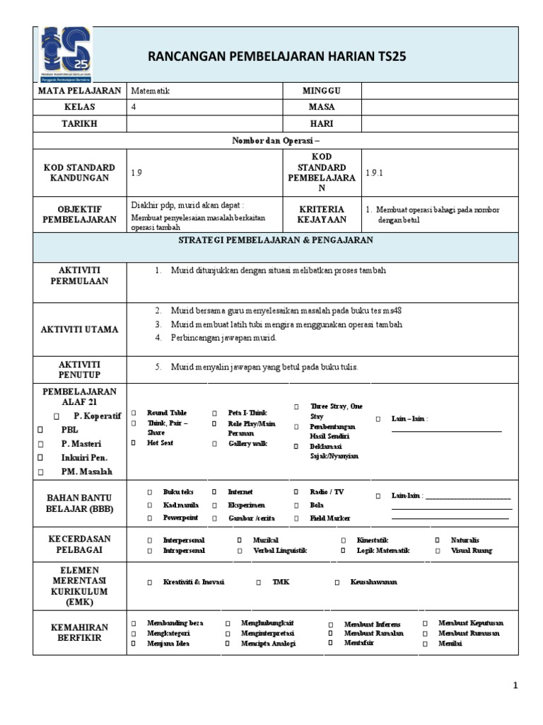 RPH Matematik Tahun 4 KSSR Semakan 1.9 Selesaikan Masalah | PDF