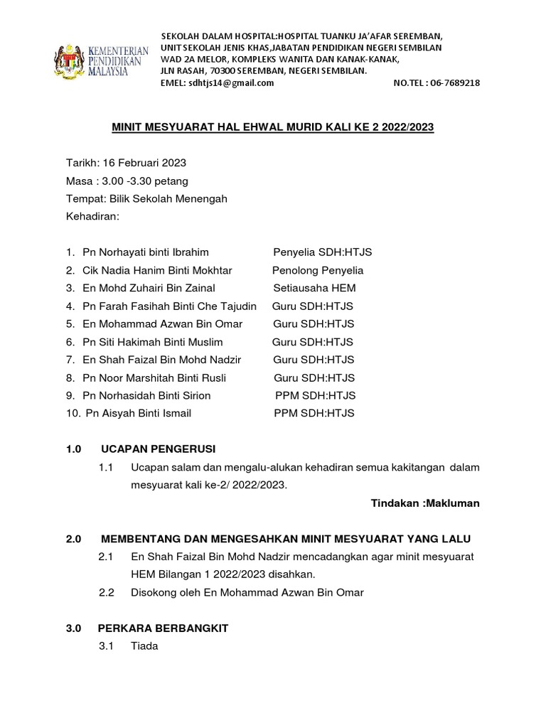 Minit Mesyuarat Hem Kali 2 Tahun 2022 | PDF