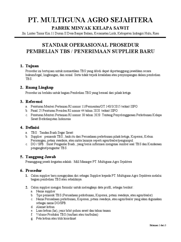 SOP Pembelian TBS PT - MAS | PDF