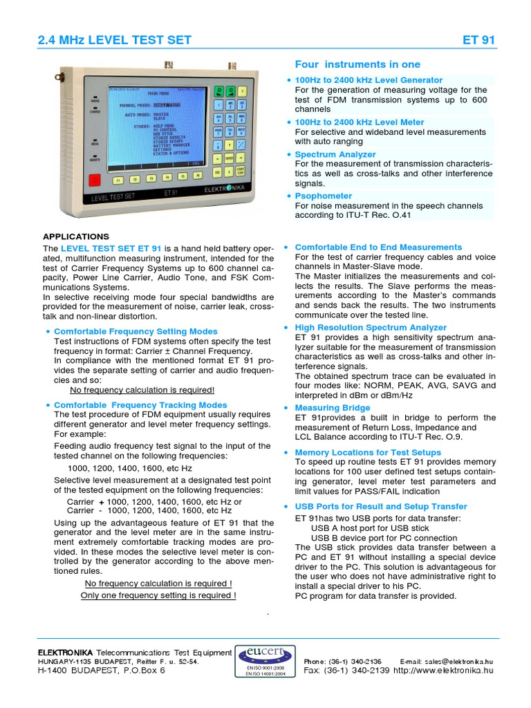 ET 91 Level Test Set Overview | PDF