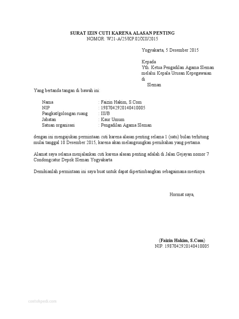 Contoh Surat Permohonan Cuti Pns | PDF