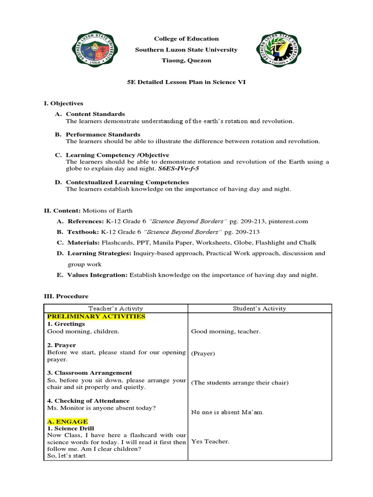 Earth Motions Lesson Plan for Grade 6 | PDF