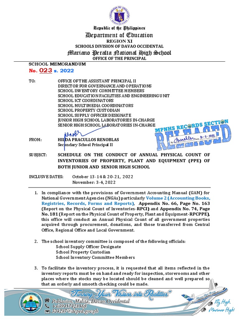 SM - s2022 - 023 SCHEDULE ON THE CONDUCT OF ANNUAL PHYSICAL COUNT OF ...