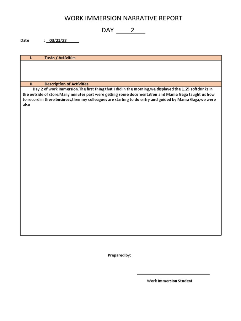 Work Immersion Narrative Report DAY 2: I. Tasks / Activities | PDF