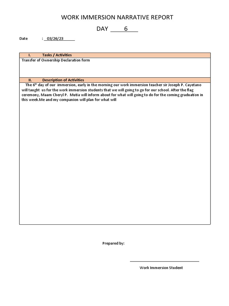 Work Immersion Narrative Report DAY 6: I. Tasks / Activities | PDF
