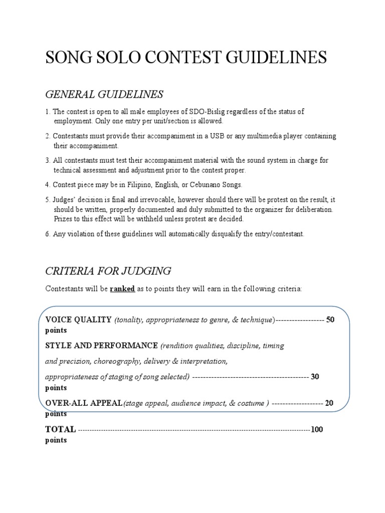 SDO-Bislig Song Solo Contest Rules | PDF