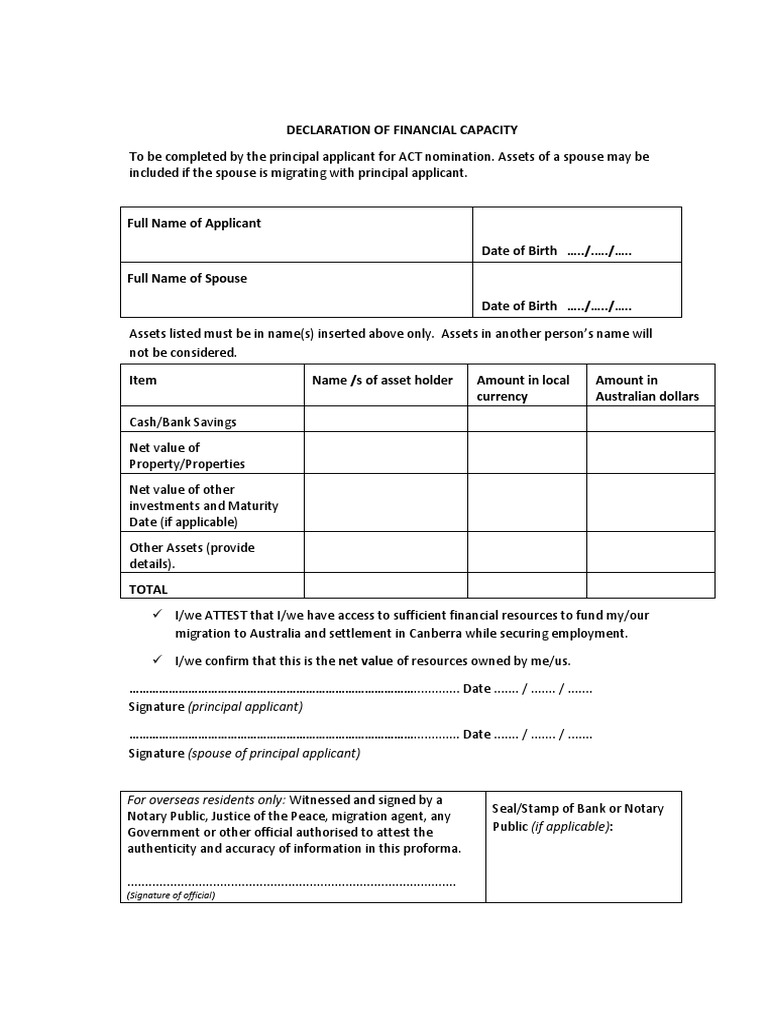Declaration of Financial Capacity PDF | PDF