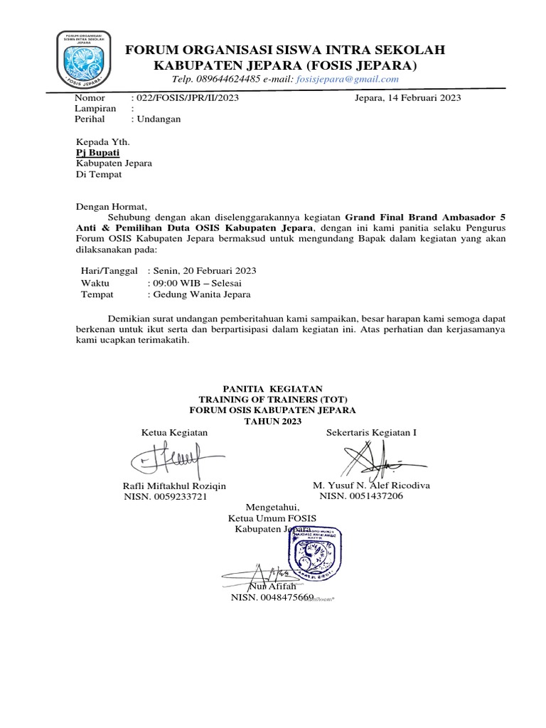 Undangan Grand Final Duta OSIS Jepara | PDF