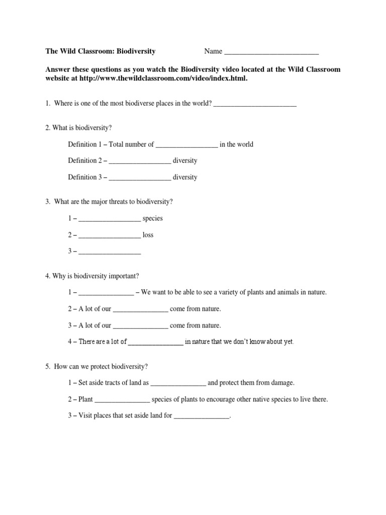 The Wild Classroom - Biodiversity (Video Worksheet) PDF | PDF